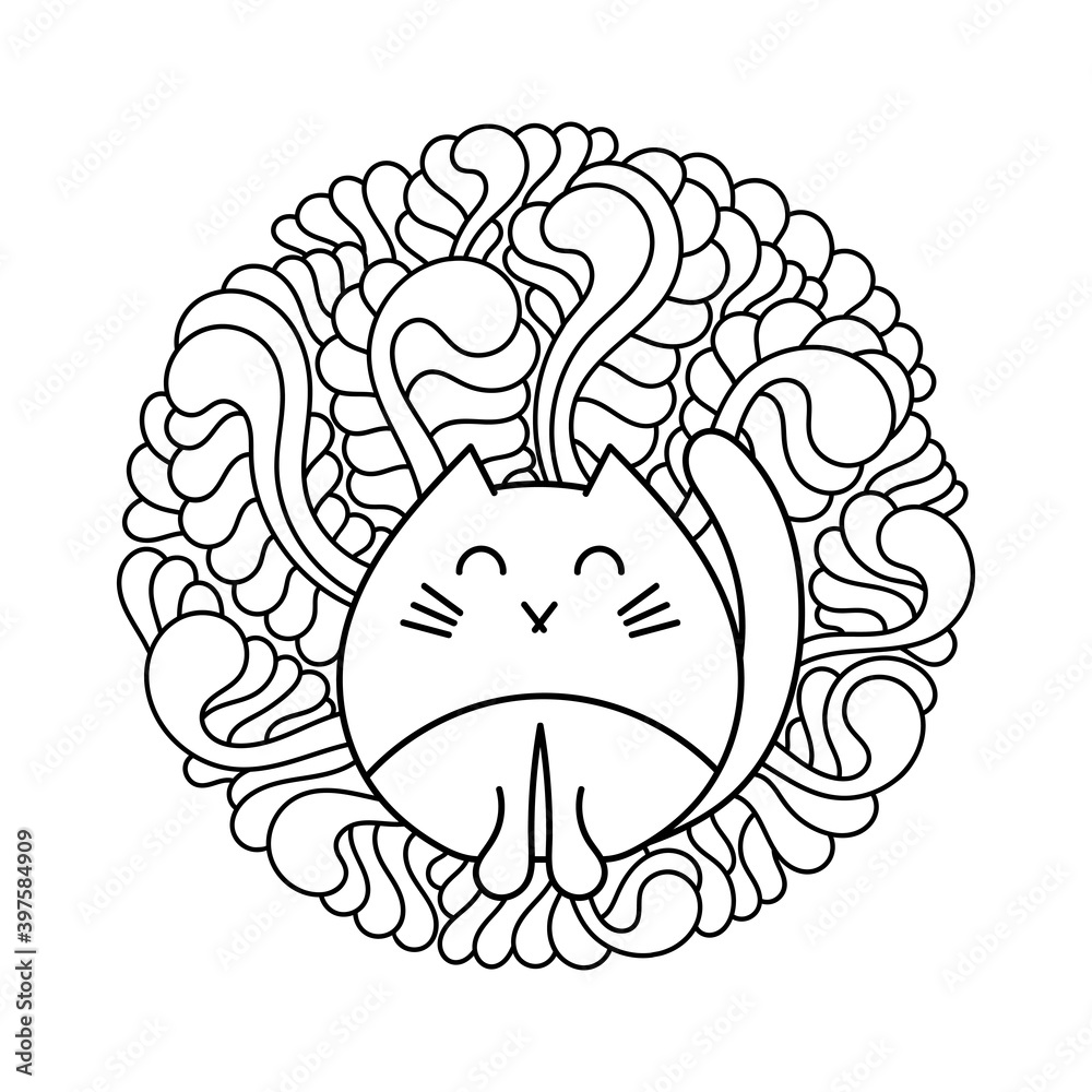 Cute cat coloring book page and floral elements . Doodle art. Anti ...