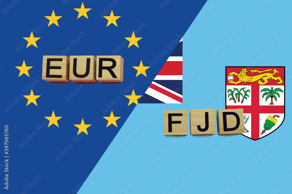 United Europe and Fiji currencies codes on national flags background ...