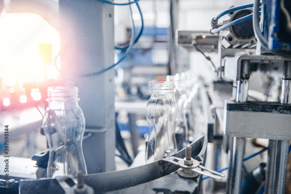 Dairy production, bottle of yoghurt on automated conveyor line, process ...