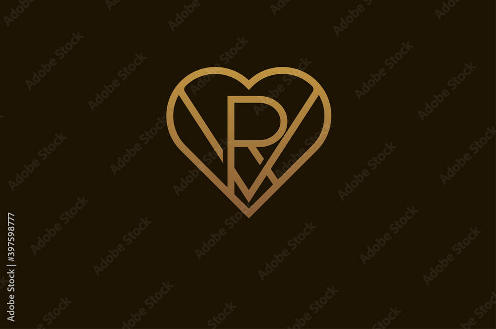 Abstract initials R and V logo, gold colour line style heart and letter ...