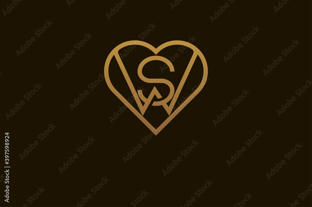 Abstract initials S and W logo, gold colour line style heart and letter ...
