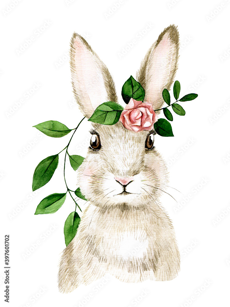 cute watercolor illustration with easter bunny. realistic drawing of a ...