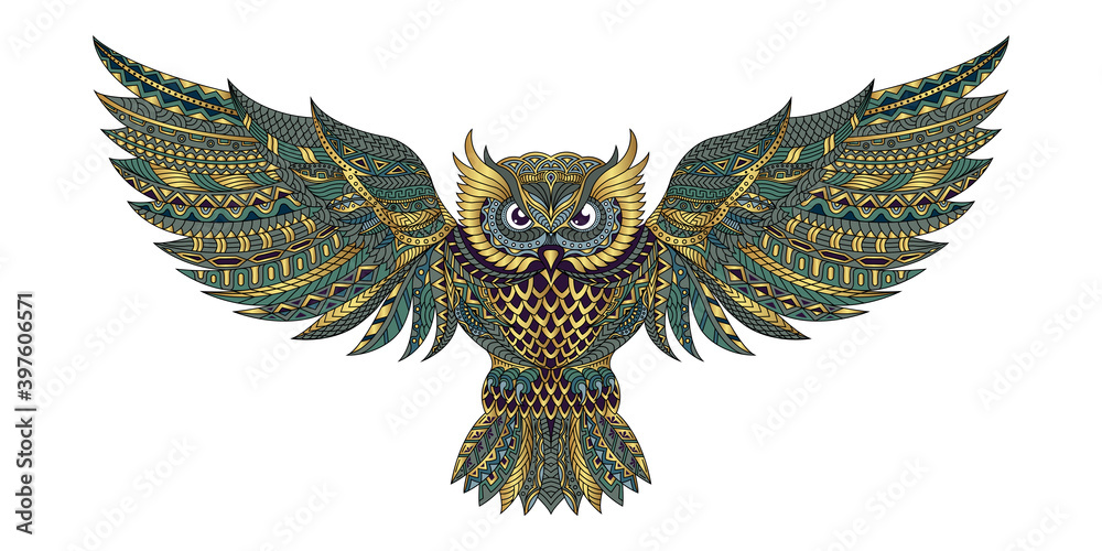 Stylized owl in ethnic vector white background Stock Vector | Adobe Stock