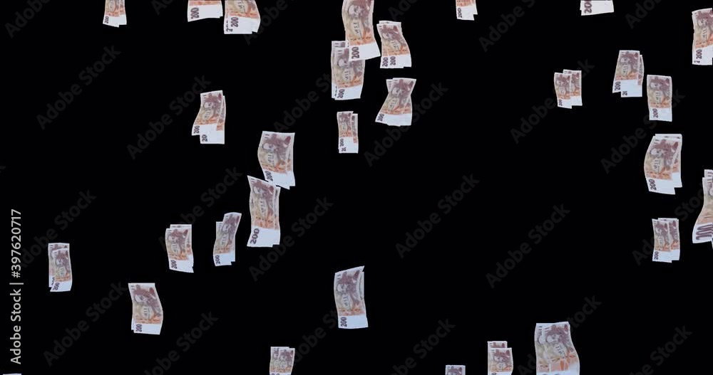 Vidéo Stock Overlay with rain from 200 Czech crown banknotes on a ...