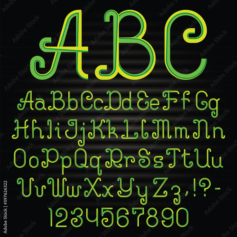 Stripy curly font. Alphabet of ornate capital and lowercase letters ...