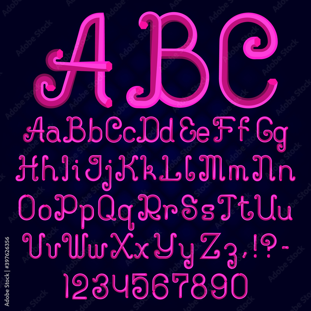 Curved font of hexagonal rods. Alphabet of ornate capital and lowercase ...