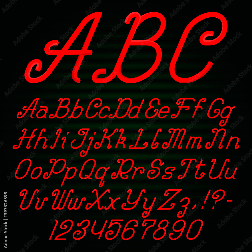 Italic font of curved quadrangular rods. Alphabet of ornate capital and ...