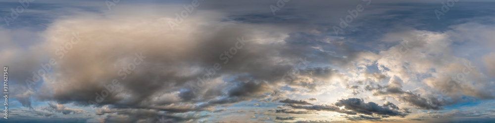 Seamless sky panorama on sunset with multi layered clouds in spherical ...