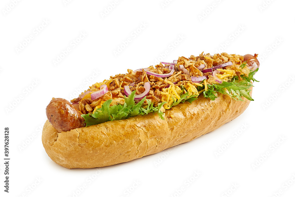 Hot dog with huge sausage and various toppings on white Stock Photo ...