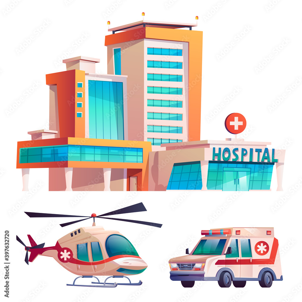 Vetor de Medical clinic with hospital building, ambulance van and ...