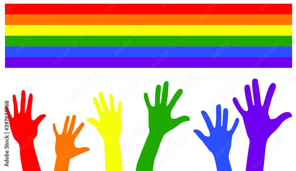 Image of human hands painted in LGBT colors and LGBT flag above them ...