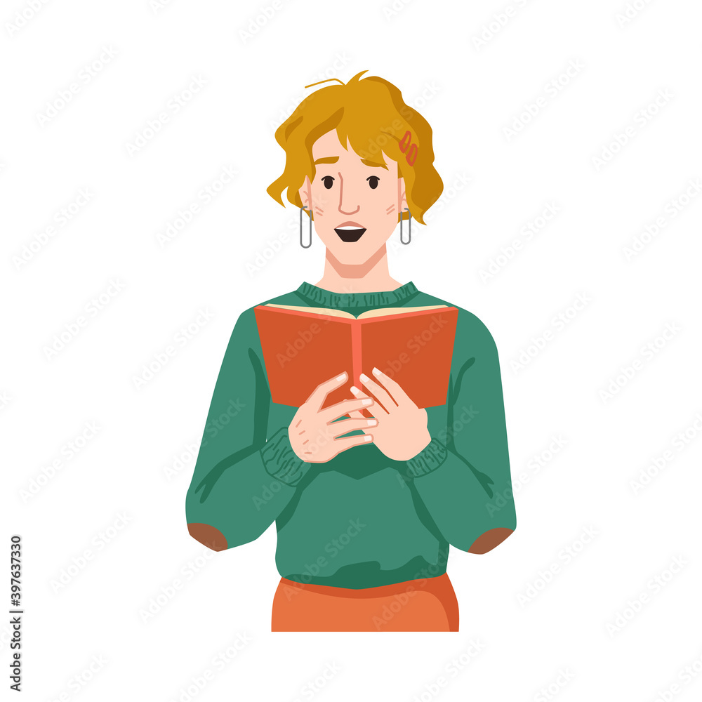 Woman surprised by reading book isolated flat cartoon character. Vector ...