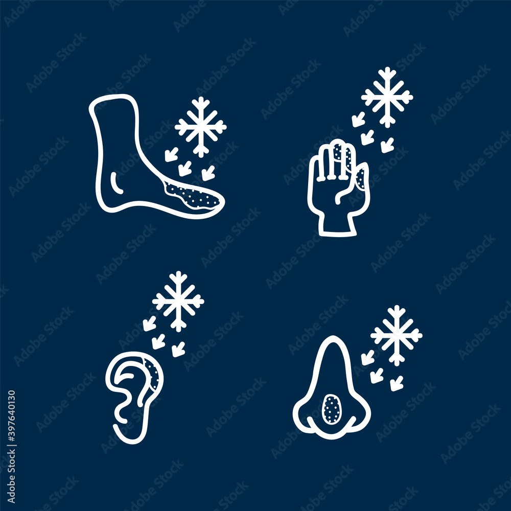 Frostbite icons. Vector linear illustration of frozen hand, foot, ear ...