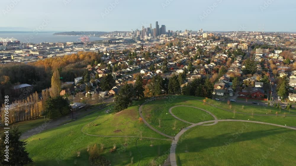 Flyover, tracking footage of South Seattle, downtown Seattle, Harbor ...