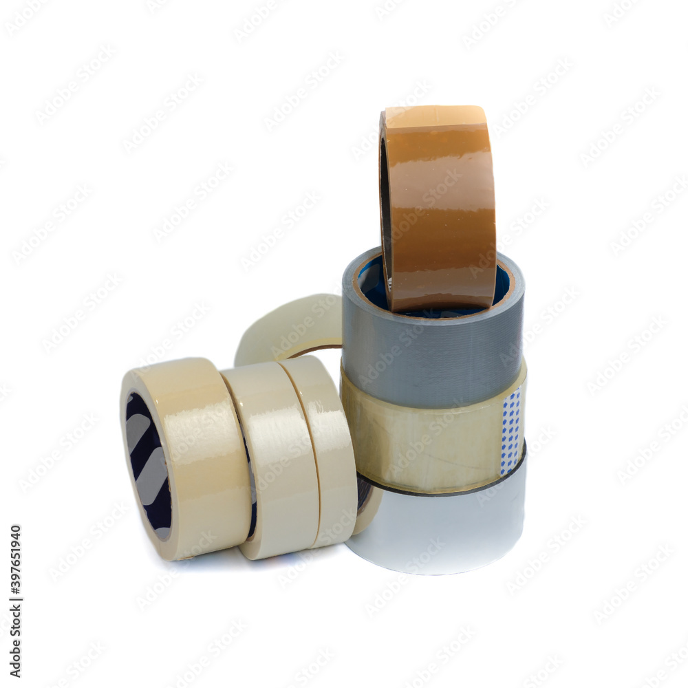 Rolls of insulation adhesive tape, multi colored ribbons on a white ...