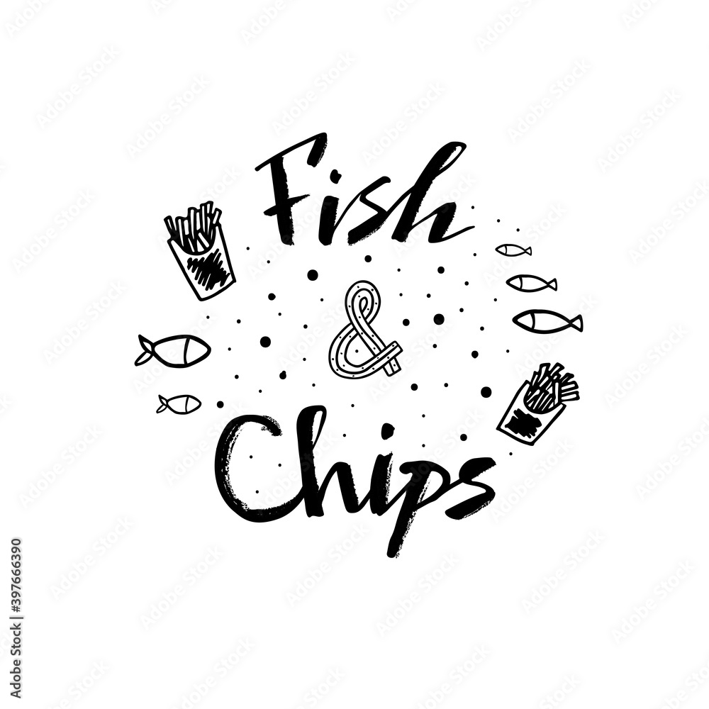 Vector illustration of fish and chips lettering for banner, leaflet ...