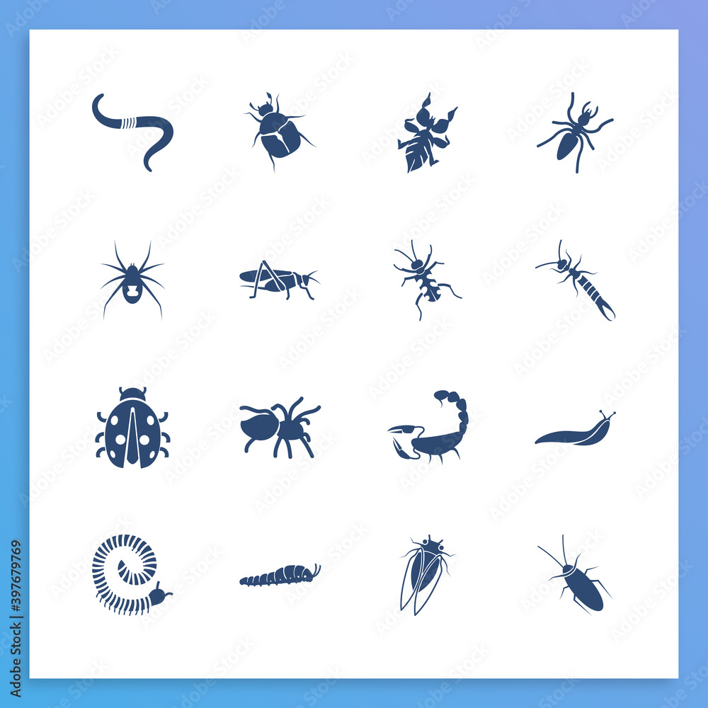 Insects icon set and tiger beetle with ladybird, bug and leaf insect ...