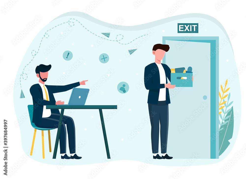 Man is getting kicked out of work. Concept of unemployment. Male ...