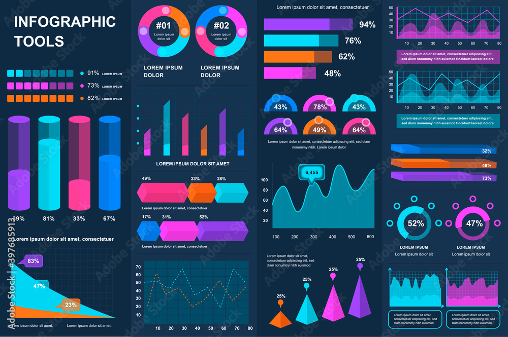 Vetor de Bundle infographic UI, UX, KIT elements. Different charts ...
