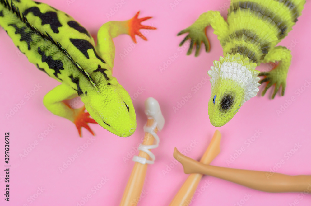 Cannibal lizards attacked women. The concept of predators attacking ...