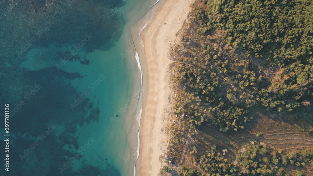Top down of tropic seascape at sand beach aerial. Nobody nature ...