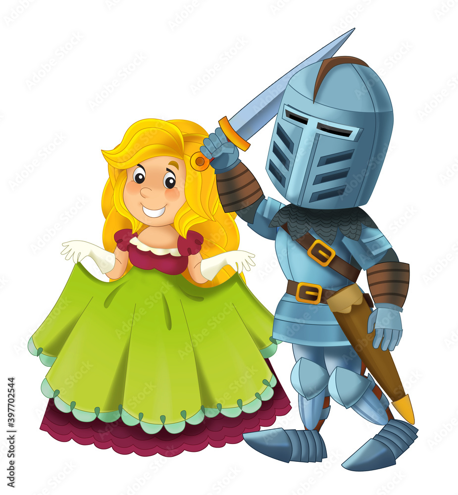 cartoon scene with knight prince and princess together on white ...