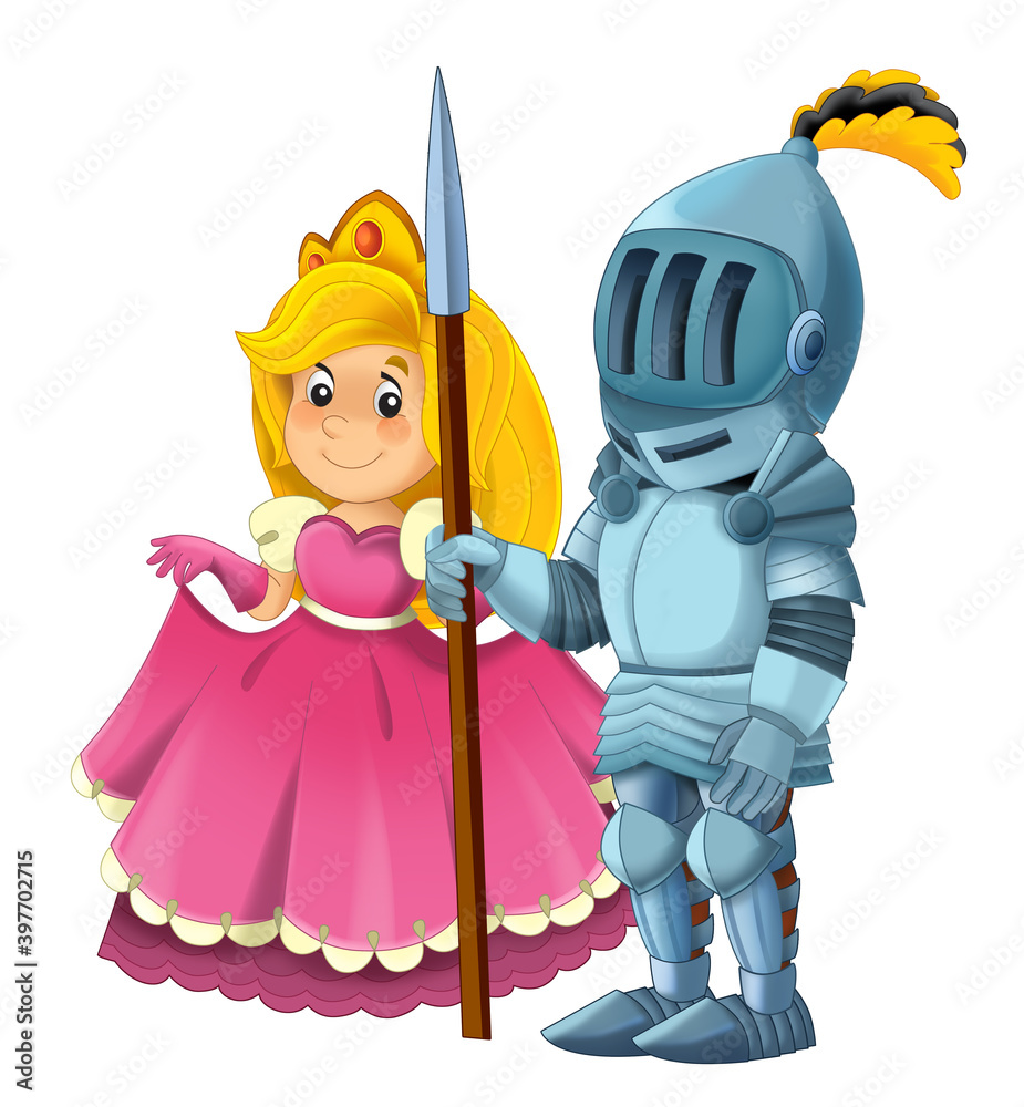 cartoon scene with knight prince and princess together on white ...