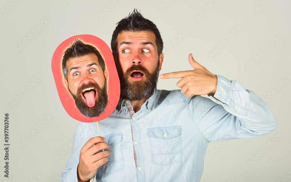 Advertising. Man holds board with face. Feeling and emotions. Face ...