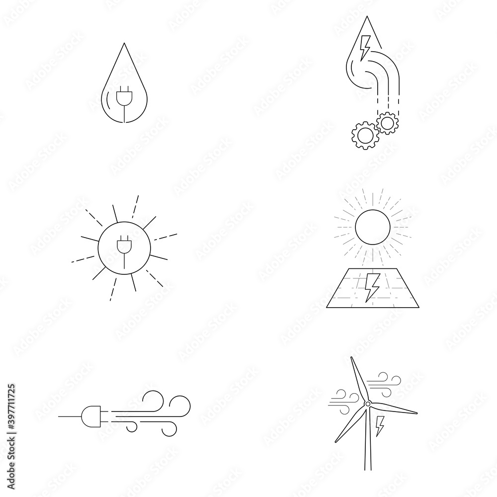Editable stroke renewable energy symbol set. Hydropower, solar power ...