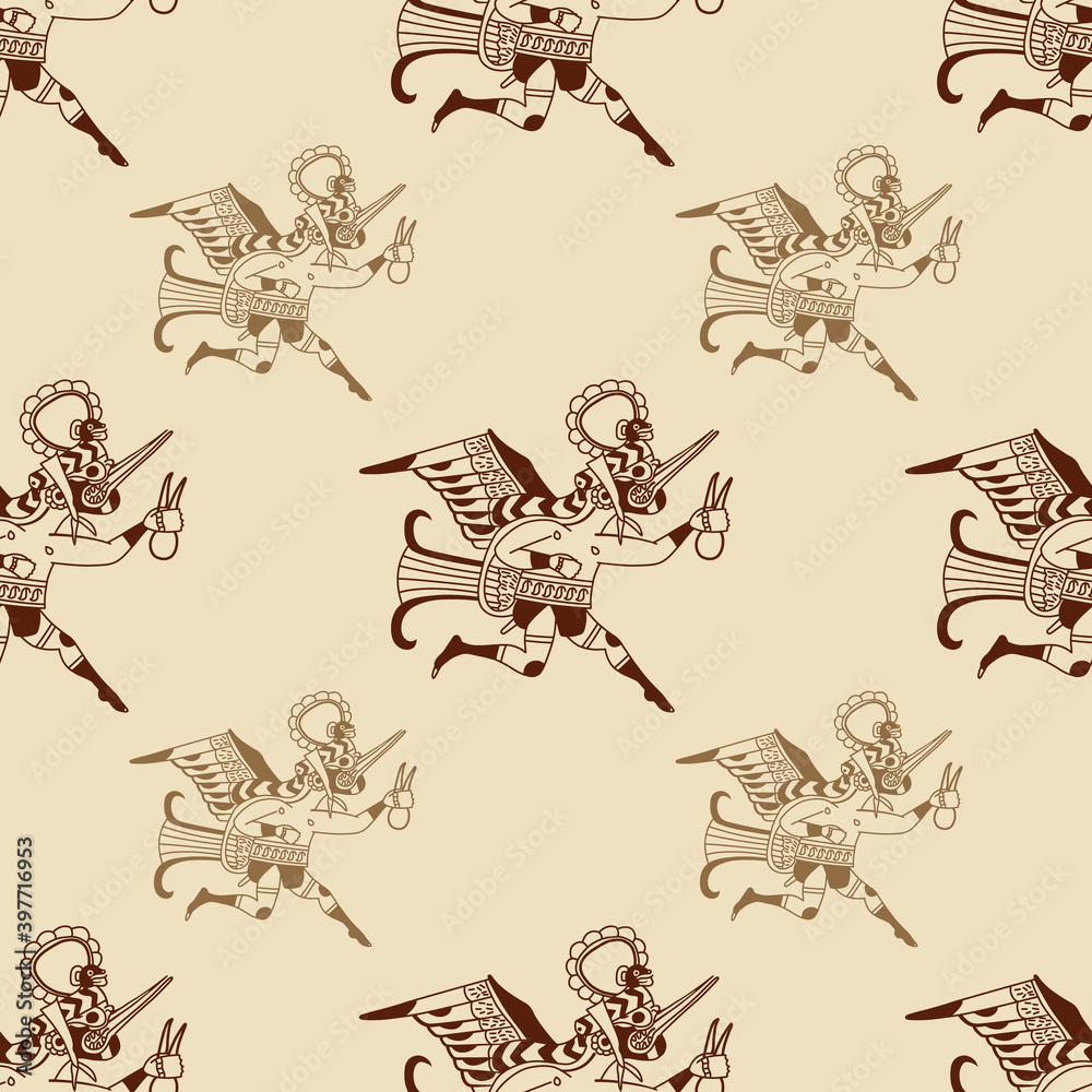 Seamless monochrome ethnic pattern with fantastic characters. Colibri ...