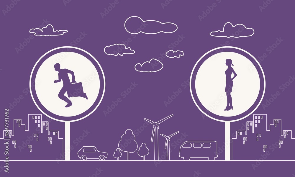 Man with briefcase running from woman. Road signs with human icons ...