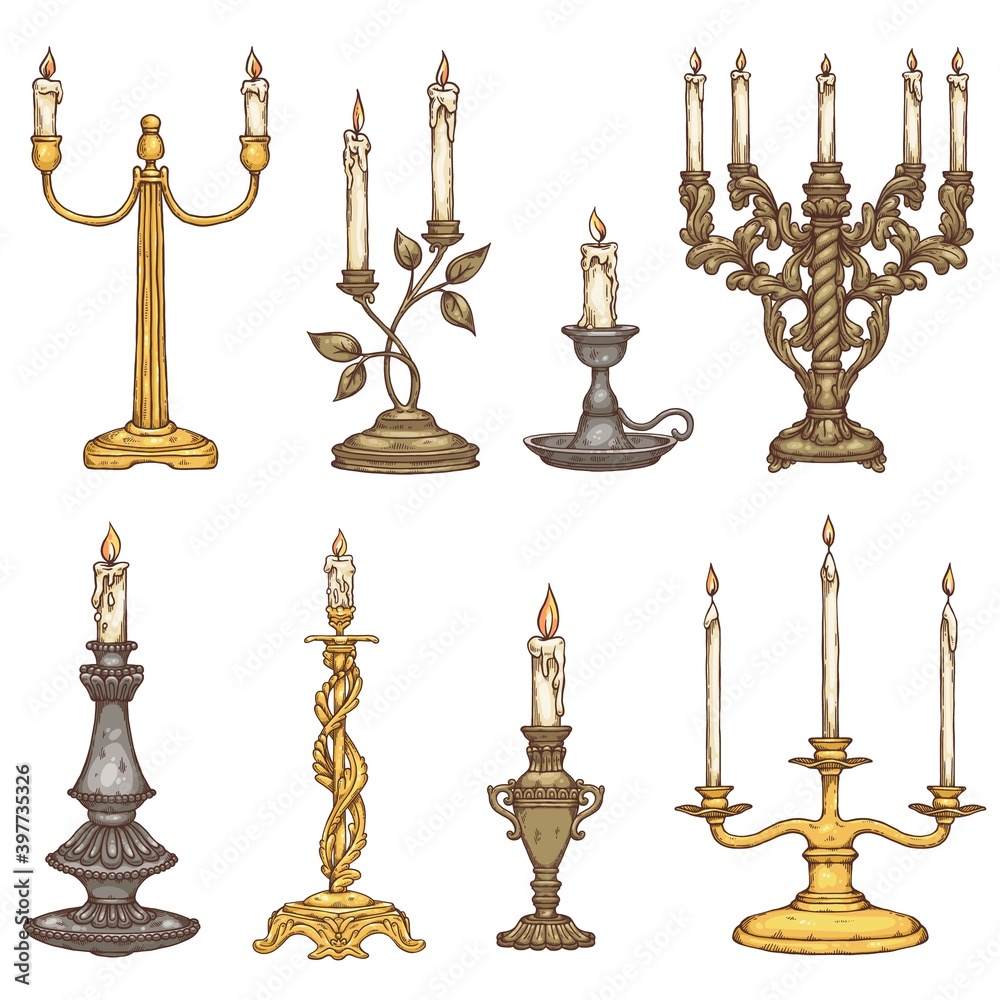 Set of candles in vintage metal candlesticks a vector isolated ...