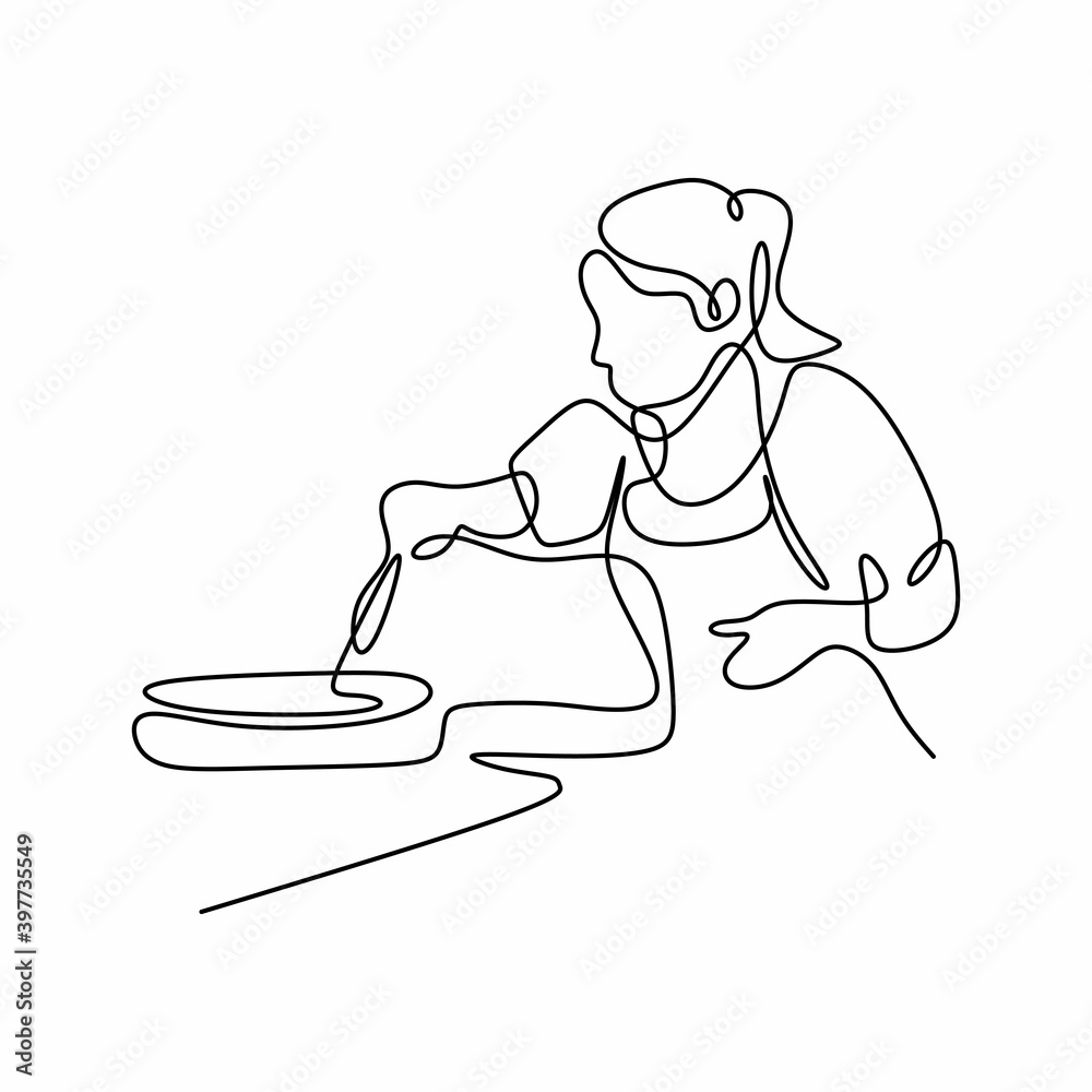 Woman enjoy making foods continuous one line drawing. Young beautiful ...