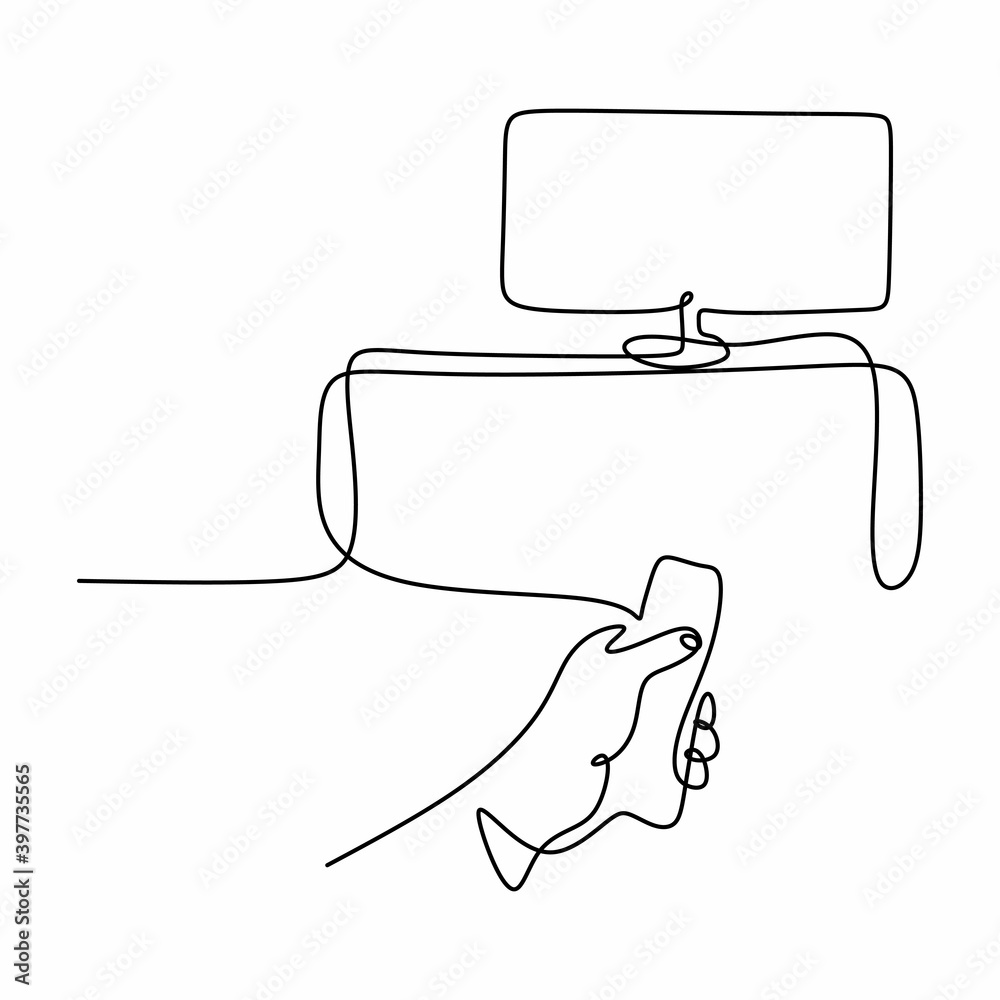 Hand holding remote continuous one line drawing. Television and remote ...