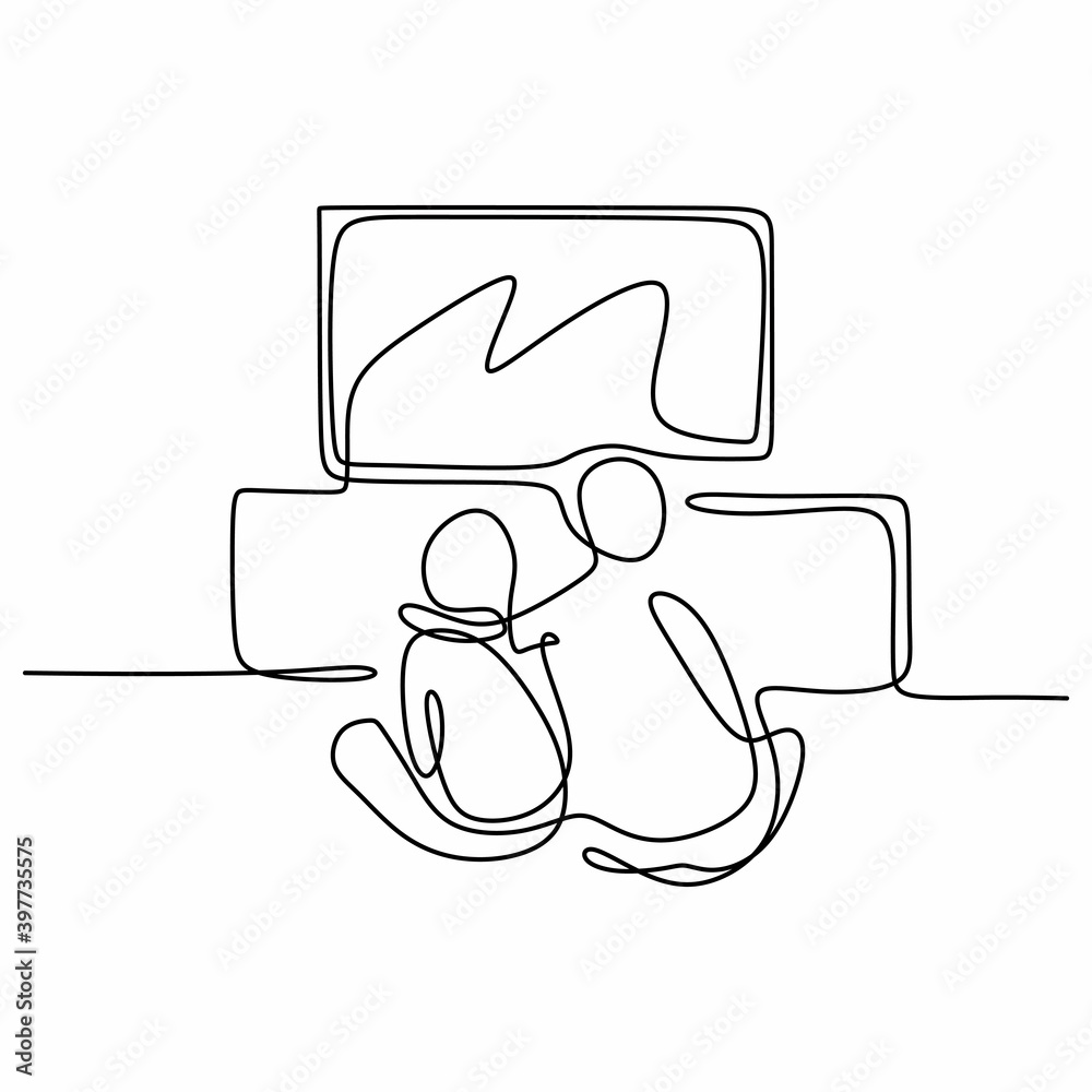 One continuous line drawing of dad and son watching tv at home. Happy ...