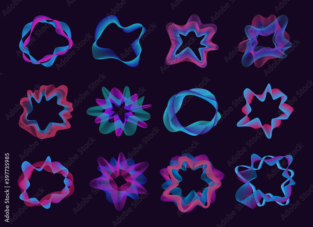 Music sound wave circle set on black background - glowing neon shapes ...
