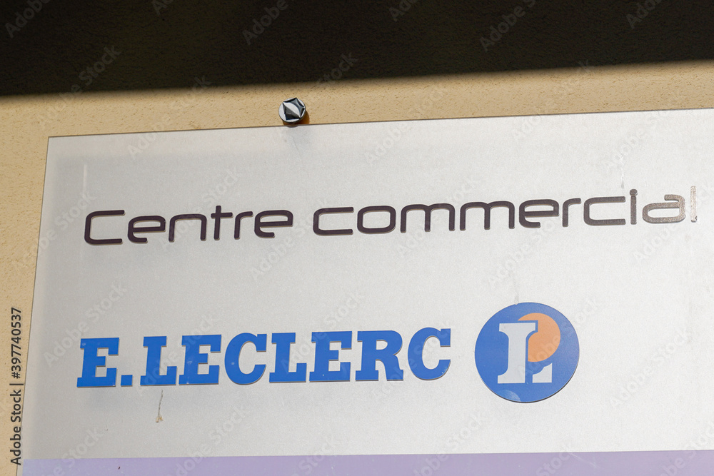 E.Leclerc sign text and logo front of supermarket leclerc shop store ...