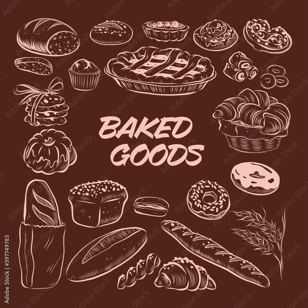 Collection of hand drawn baked goods outline bread, cookies, donuts ...