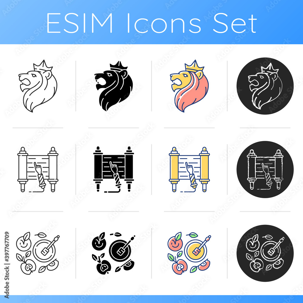 Jewish symbolism icons set. Judah Lion. Torah scroll. Apples and honey ...