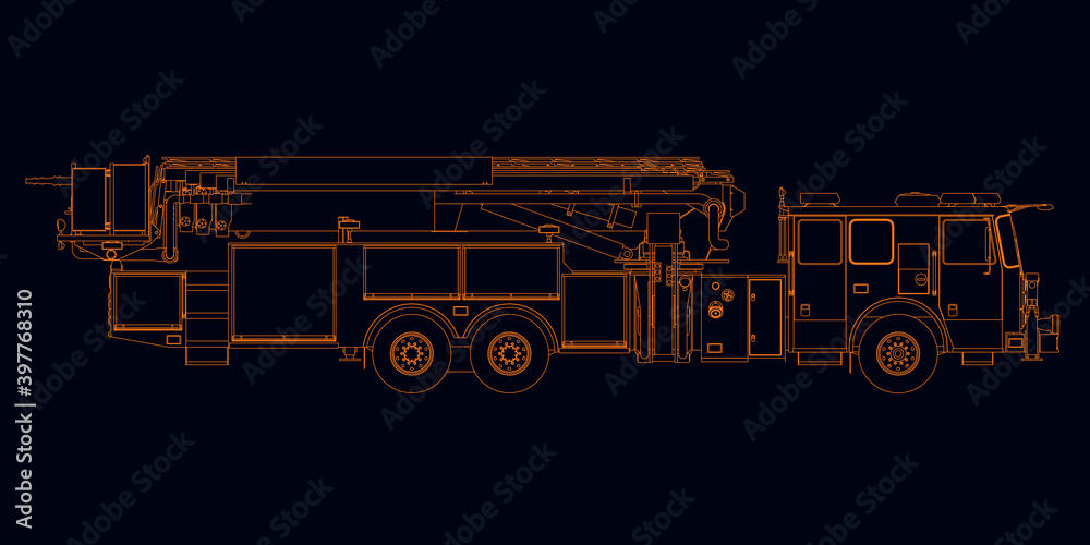 Outline of a detailed fire engine from orange lines on a dark ...