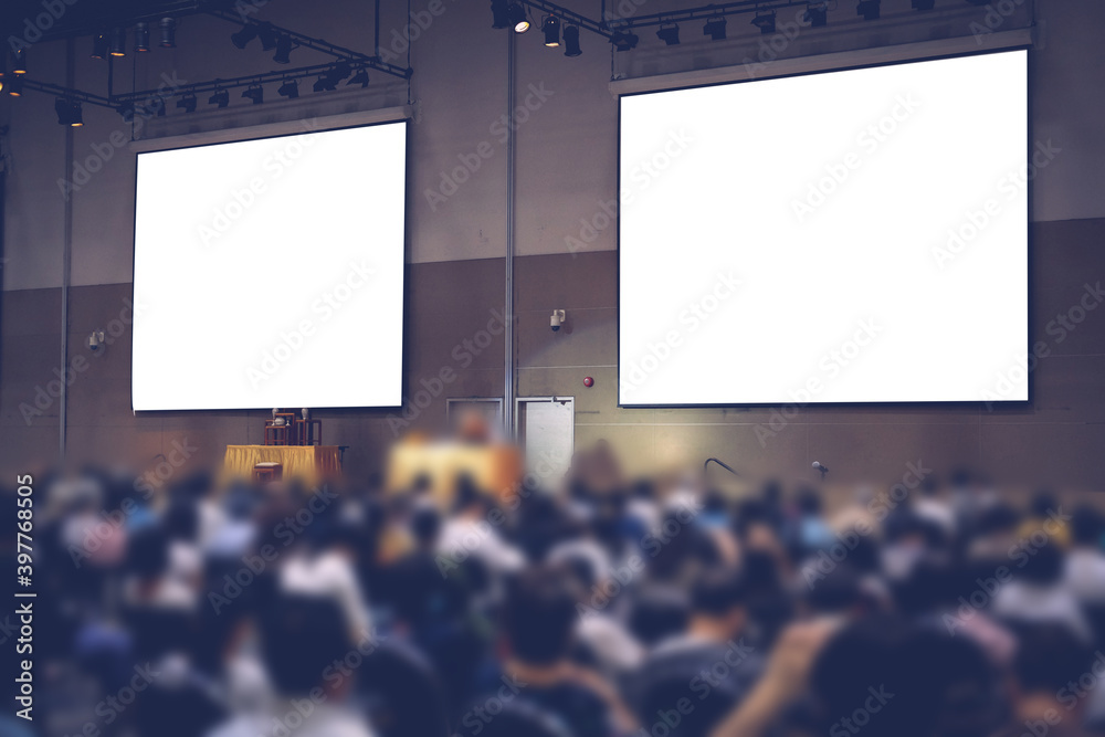 stage & presentation screen in seminar conference room. blurry ...