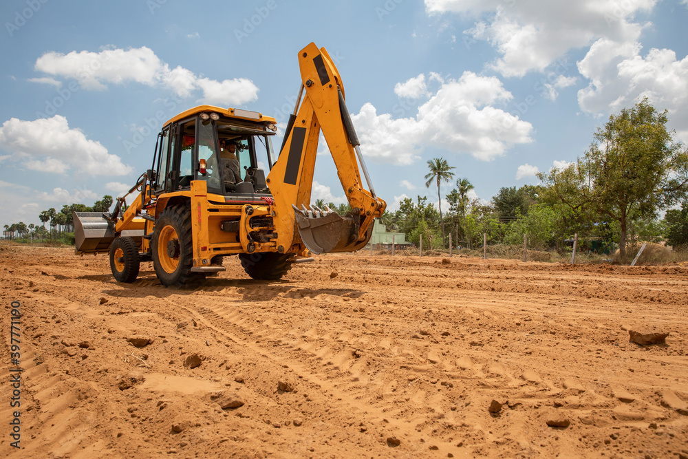 Jcb crane working near sand quarry, India. Stock Photo | Adobe Stock