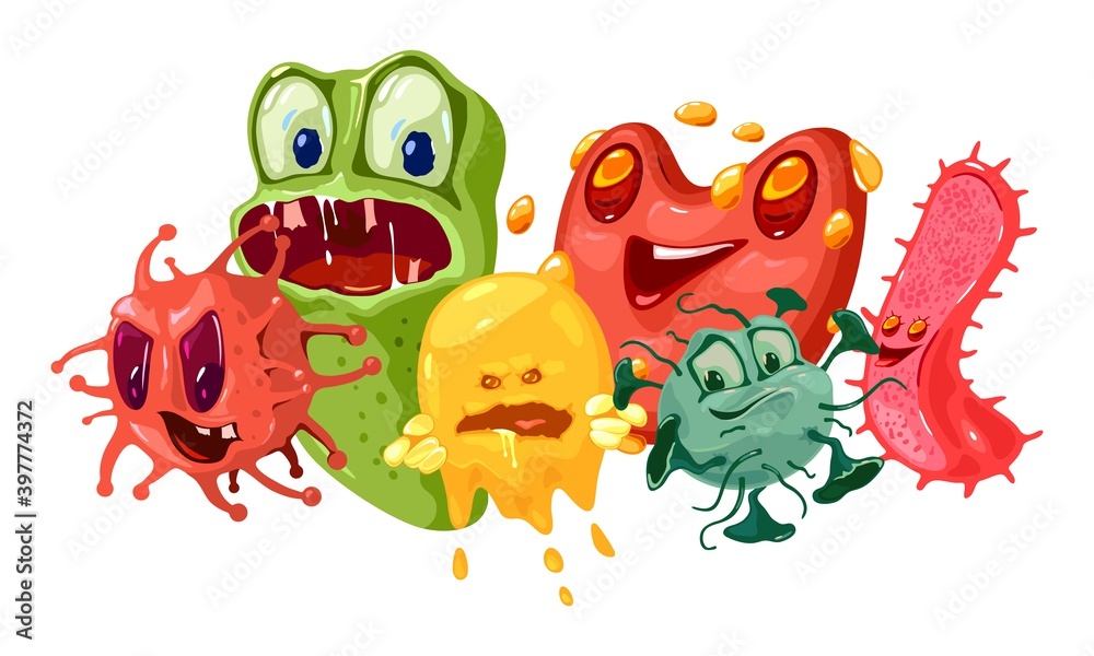 Microbes, germs and viruses with funny faces. Vector pathogen microbes ...