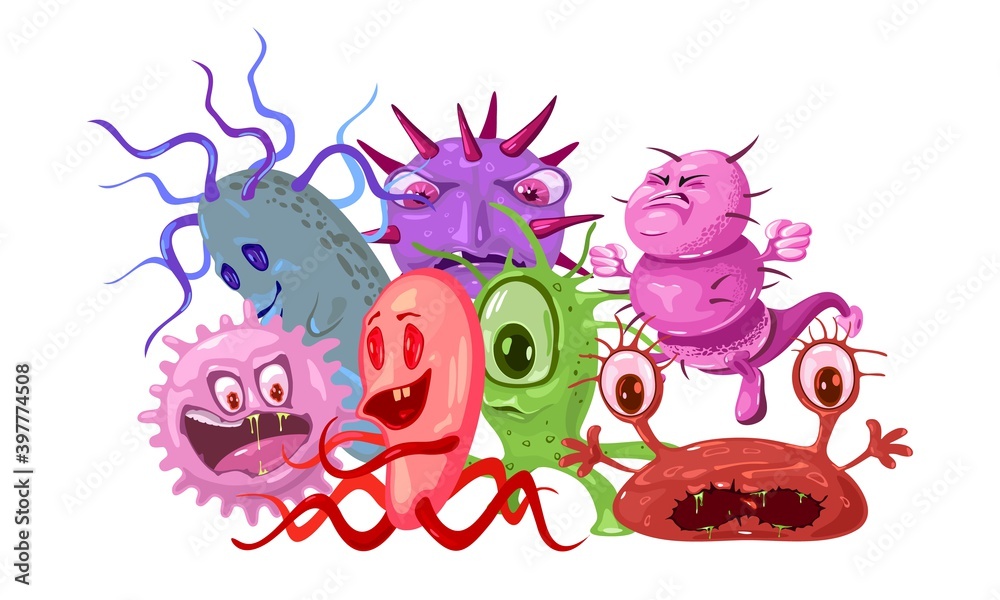 Microbes, germs and viruses with funny faces. Vector pathogen microbes ...