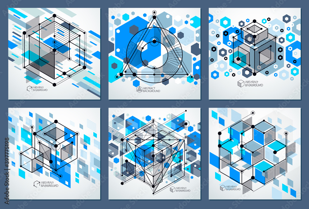 Geometric technology vector blue drawings set, 3D technical wallpaper ...