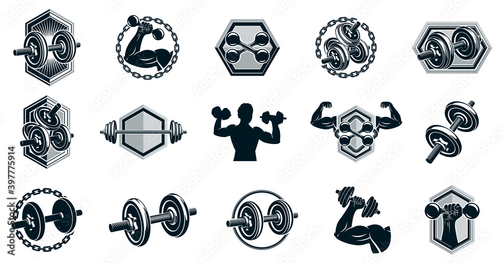Gym fitness sport emblems and logos vector set isolated with barbells ...