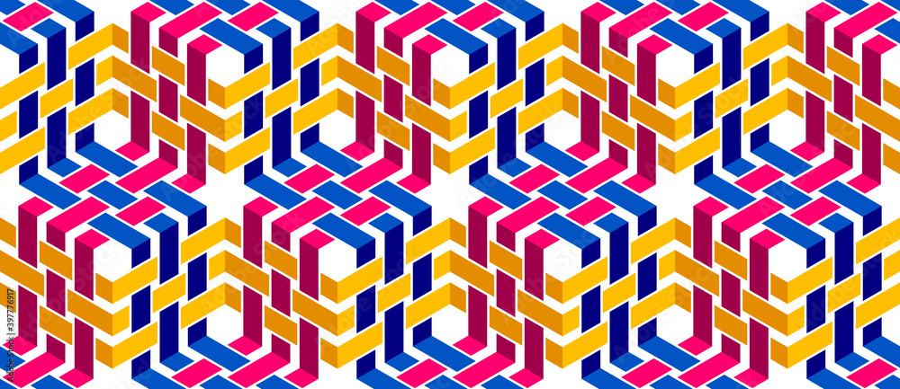 Stripy mesh weaving cubes seamless pattern, 3D abstract vector ...
