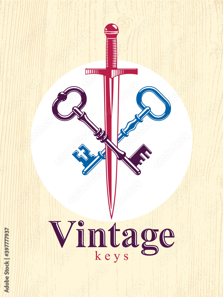 Crossed keys and dagger vector symbol emblem, turnkeys and sword ...