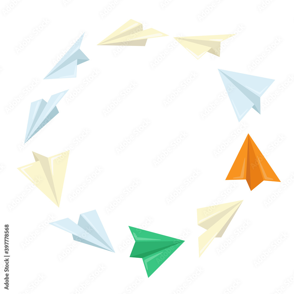 Collection of paper airplanes flying in a circle. In cartoon style ...