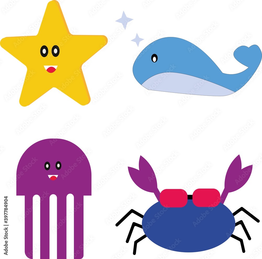 Doodle Kawaii Character. Underwater Animal Set. Stock Vector | Adobe Stock